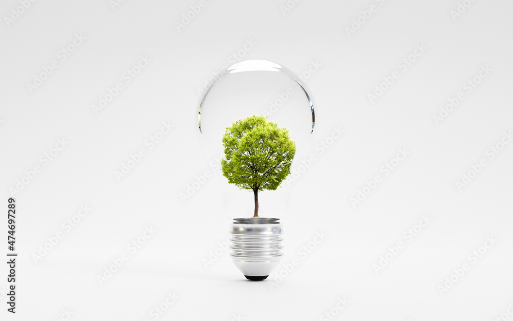 Isolate of Green tree inside lightbulb on white background for energy saving and environment ...