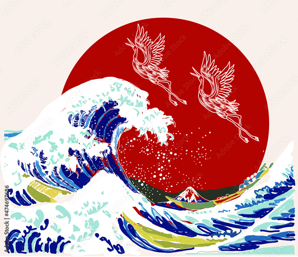 Japanese style background vector. Storks and wave hand drawing vector ...