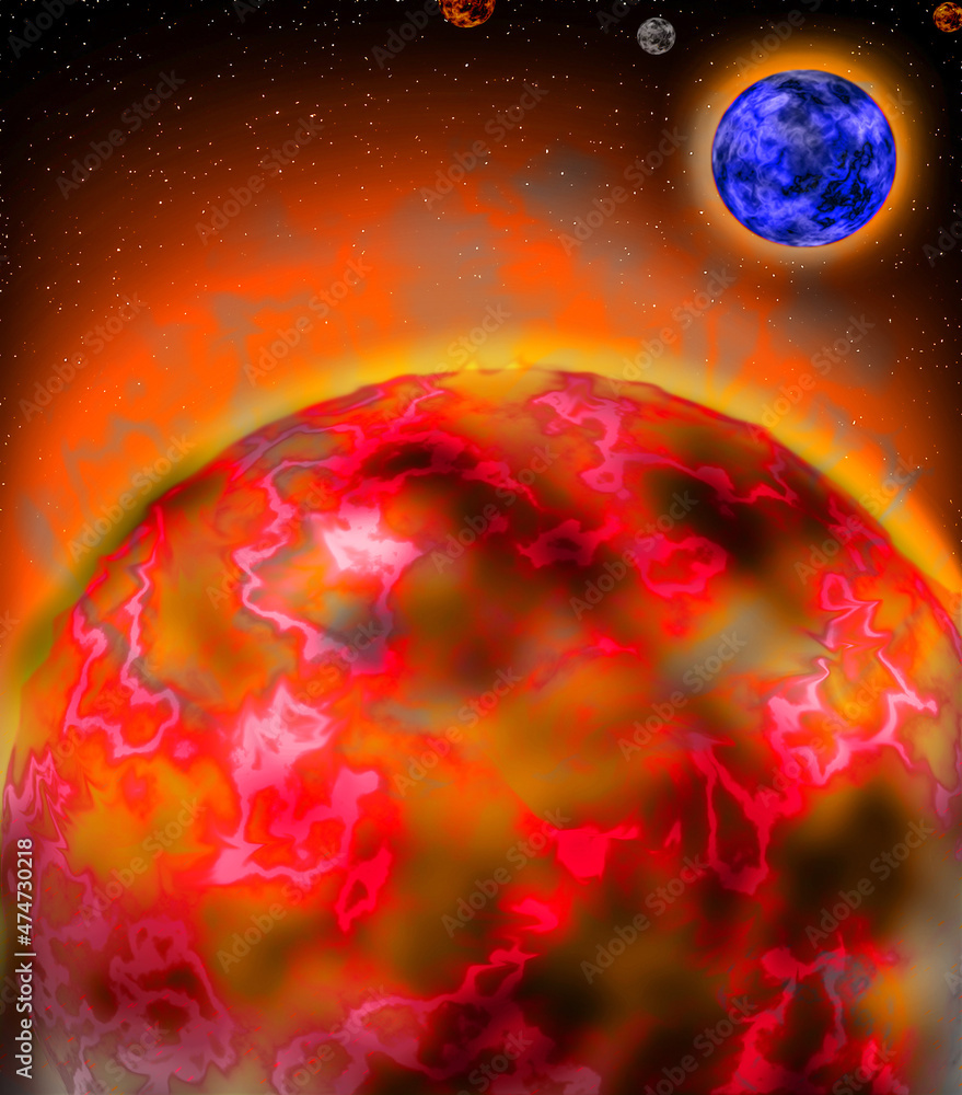 sunball fire. red fiery planet explosion. 3d illustration of solar ...