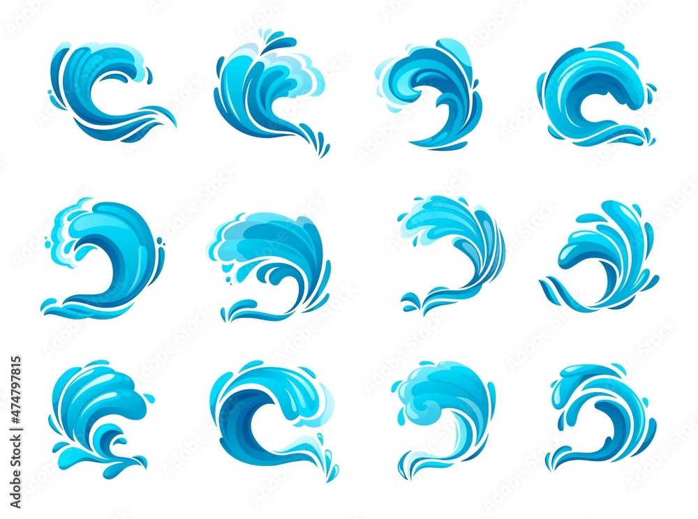 Tsunami ocean wave icons, isolated blue storm sea waves and surfs ...