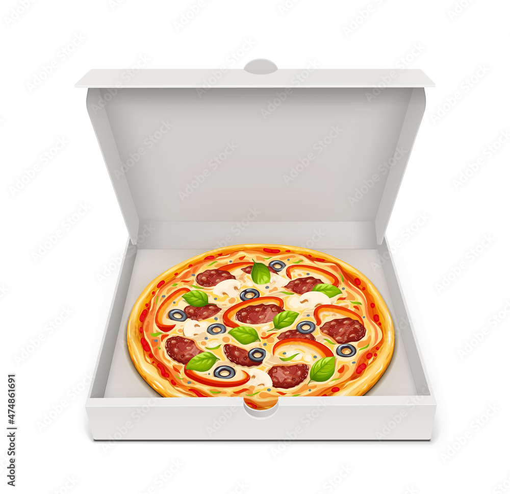 Pizza in paper box. Traditional italian food. Isolated on white ...