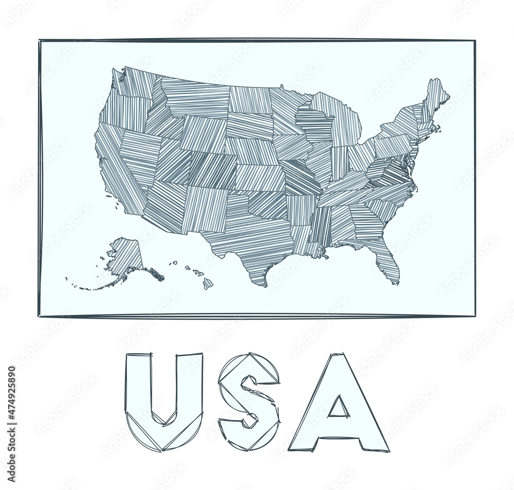 Sketch map of the USA. Grayscale hand-drawn map of the country, filled ...