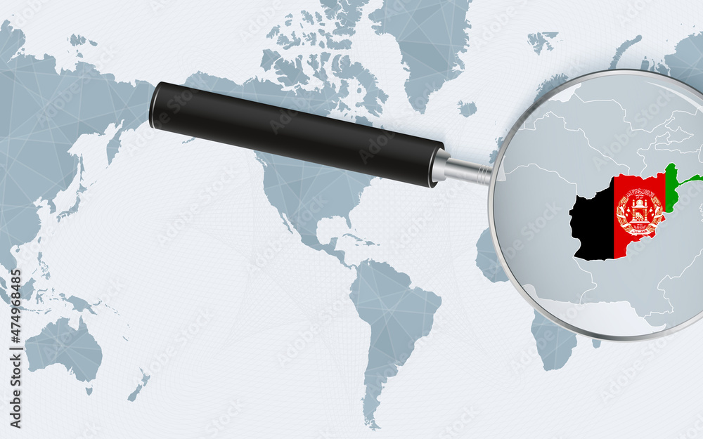 Enlarged map of Afghanistan on America centered World Map. Magnified ...