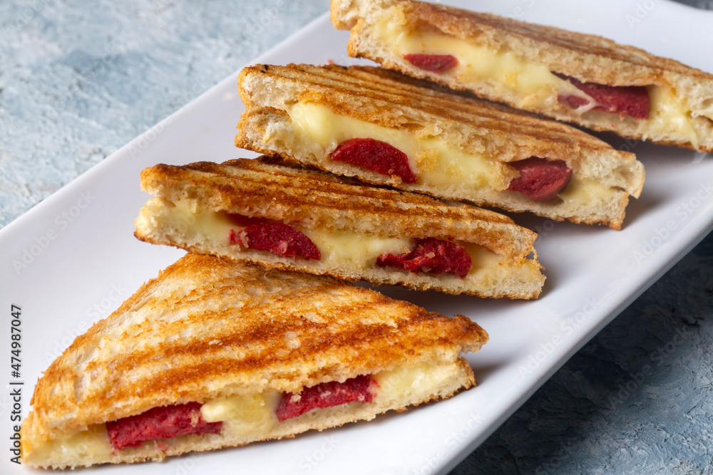 Turkish toast, mixed toast with cheddar cheese (Turkish name; karisik ...