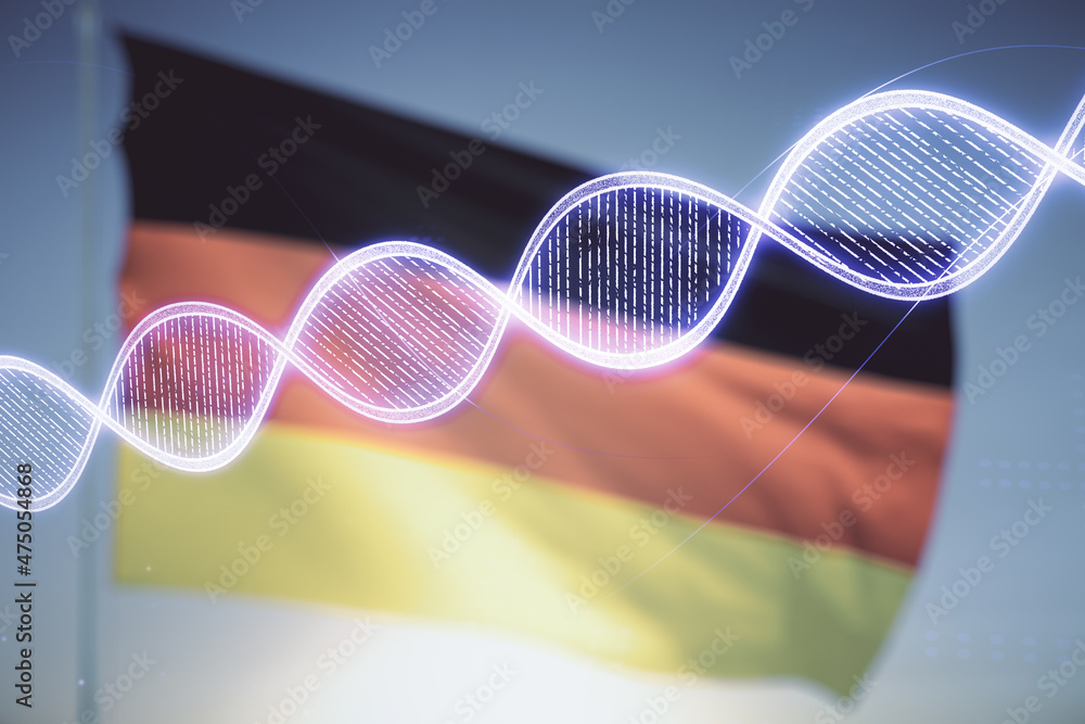 Virtual DNA symbol illustration on flag of Germany and sunset sky ...