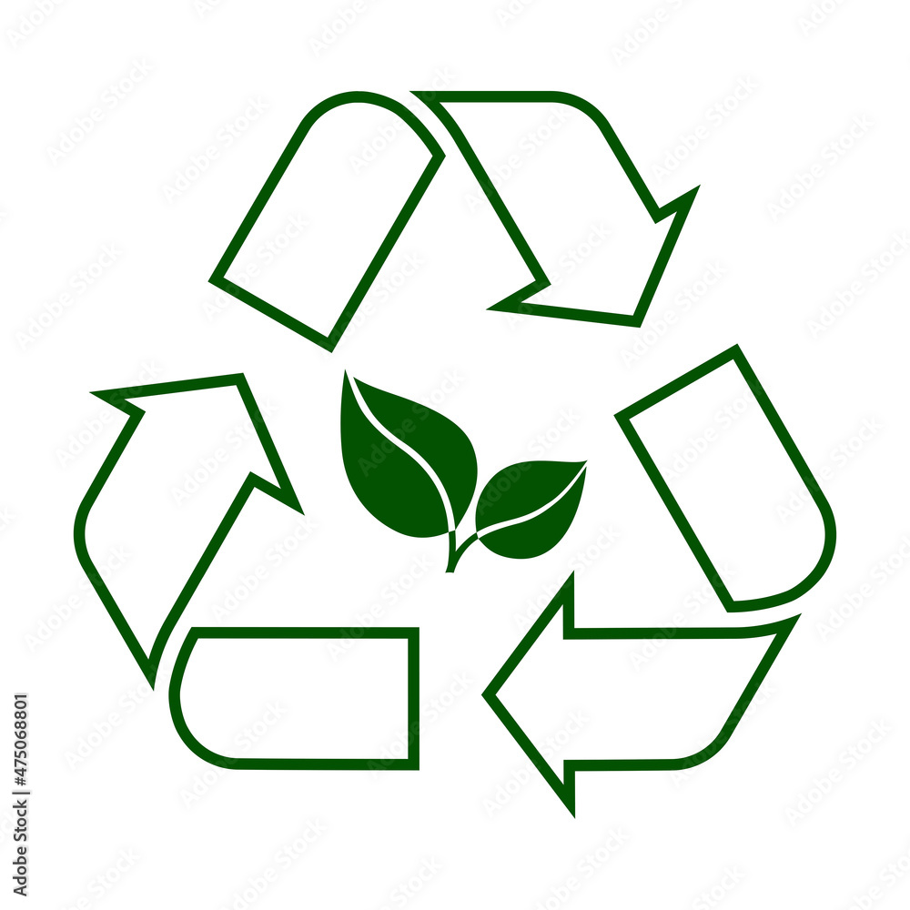 Icon of recycling sign and green leaves. Symbol of circular economy and ...