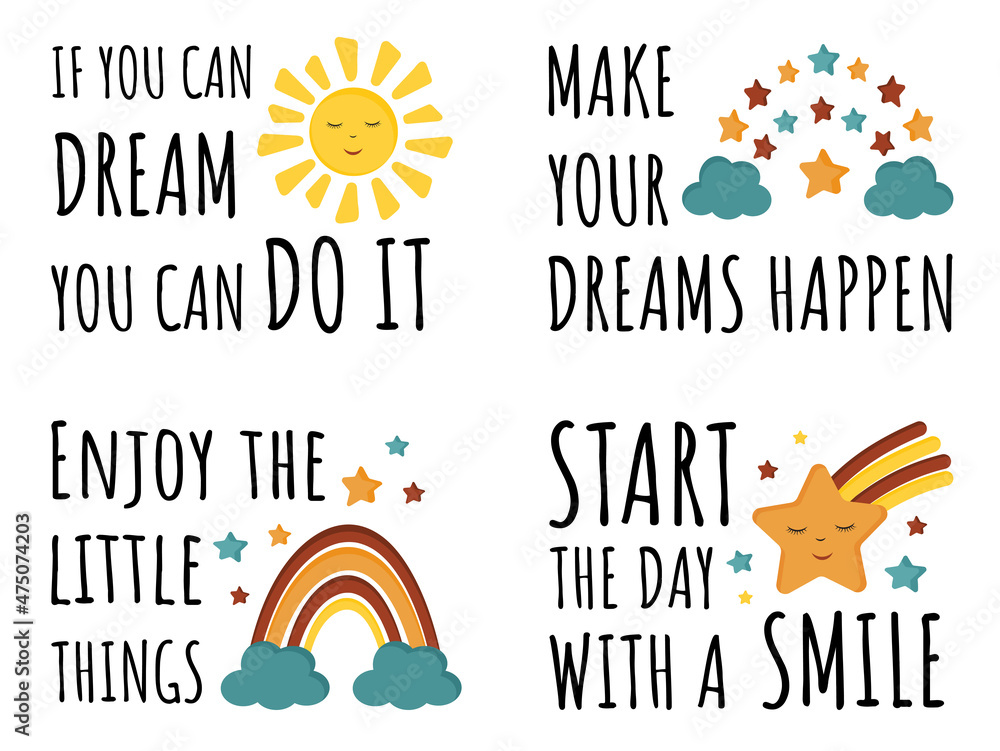 Color inspirational motivational quotes with rainbows, stars. Sweet ...