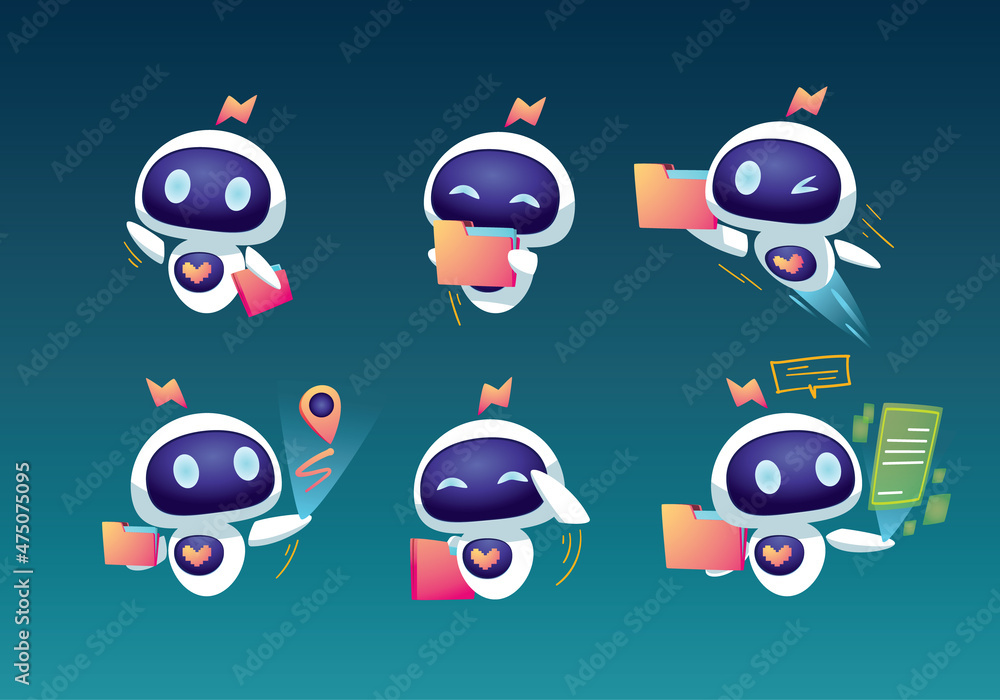 little flying white modern robot mascot character delivery object Stock ...