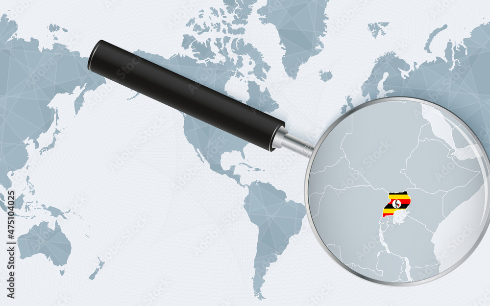 Enlarged map of Uganda on America centered World Map. Magnified map and ...