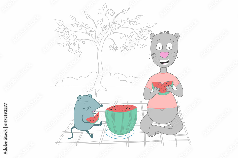 Cartoon cat and mouse eating watermelon at a picnic. Summer pastime for ...