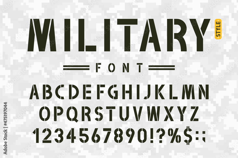 Military stencil font on camouflage background. Rough and grungy ...