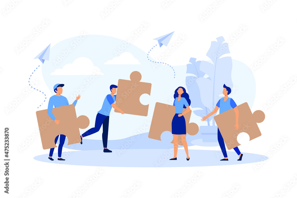 Team metaphor. people connecting puzzle elements. Vector illustration ...