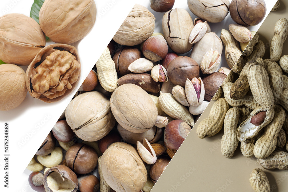 Collage of vertical pictures of different types of nuts. Peanuts ...