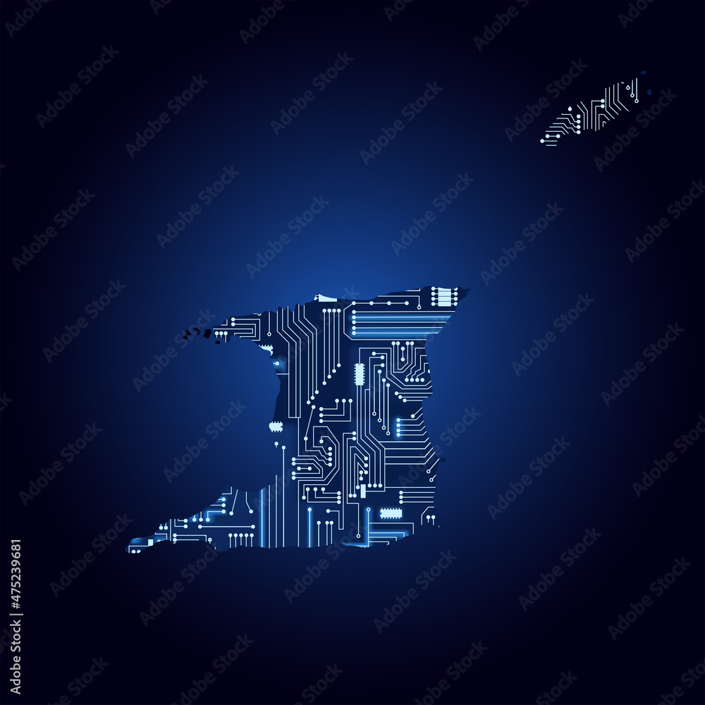 Contour map of Trinidad and Tobago with a technological electronics ...