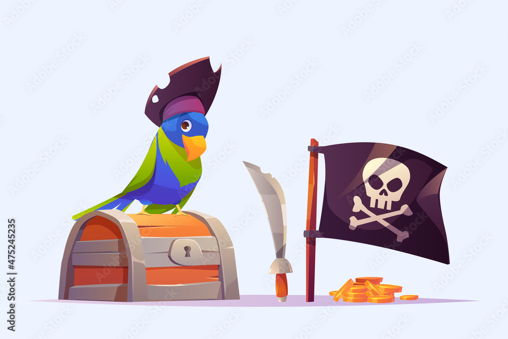 Pirate parrot in hat, treasure chest, sword, gold coins and black flag ...