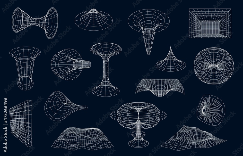 Vector de Stock 3d Wireframe geometric shapes, surface grid and sphere ...