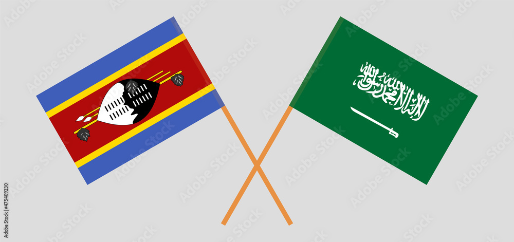 Crossed flags of the Kingdom of Eswatini and the Kingdom of Saudi ...