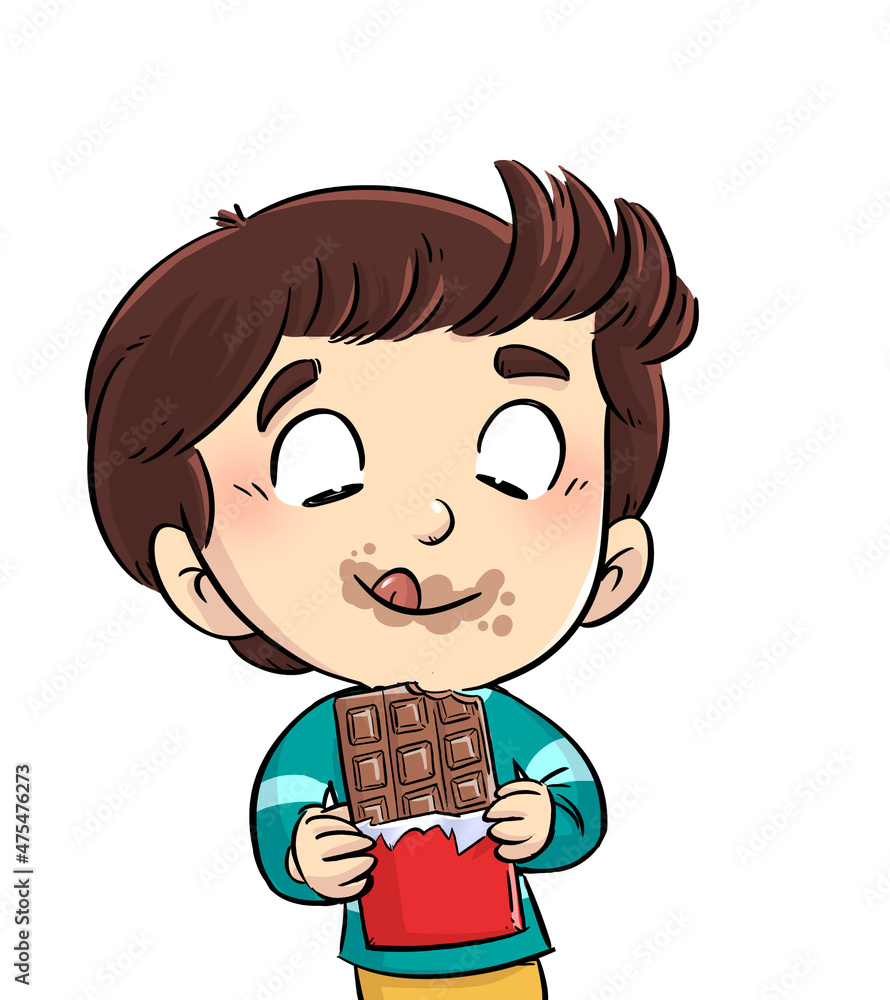 Illustration of boy eating a chocolate bar Stock Illustration | Adobe Stock