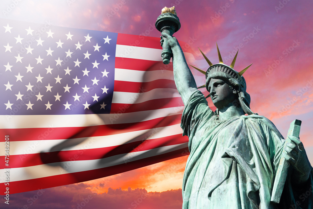 Stock-Foto „Symbols of USA. America's flag and Statue of Liberty. USA ...