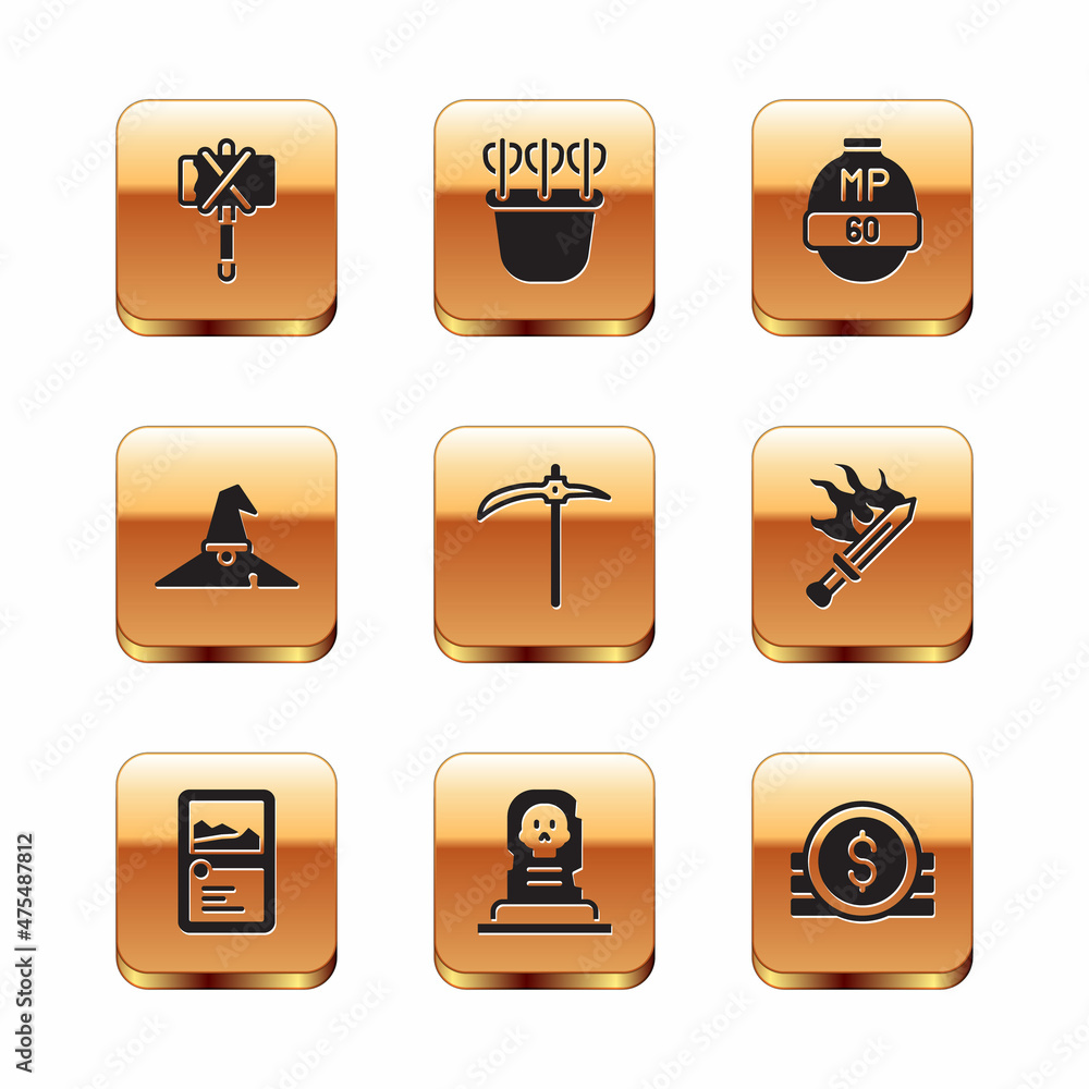 Stock-Vektorgrafik „Set Medieval axe, Card game collection, Grave with ...