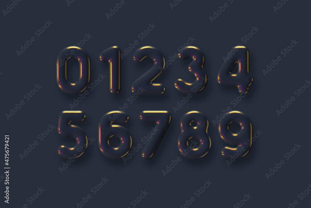Dark metal numbers vector set. 3d realistic iridescent metallic ...
