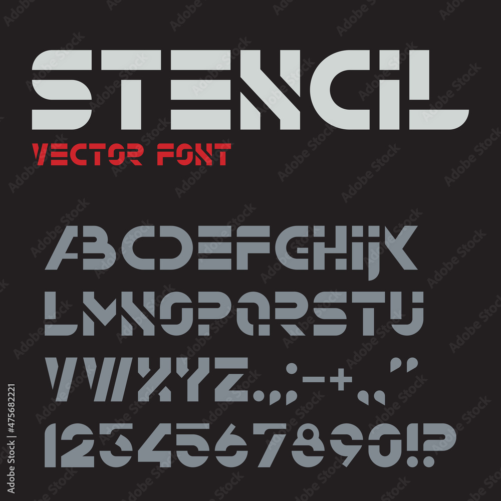 Vector stencil font. Monochrome alphabet. Letters, numbers and ...