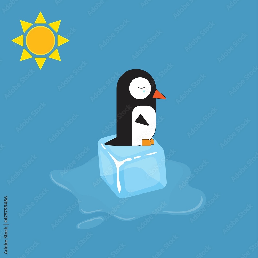 Sad penguin sitting on a melting ice cube, global warming concept Stock ...