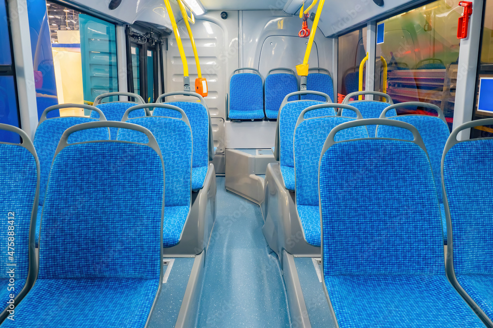 interior of bus. Concept - municipal transport. Seats on city bus or ...