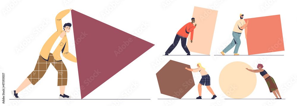 Set of people pushing shapes triangular, square, hexagon to achieve ...