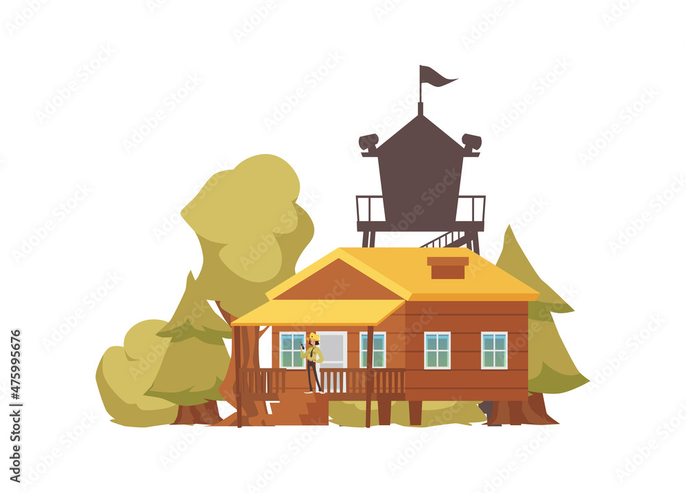 Hunter ranger forest house with observation tower, vector illustration ...