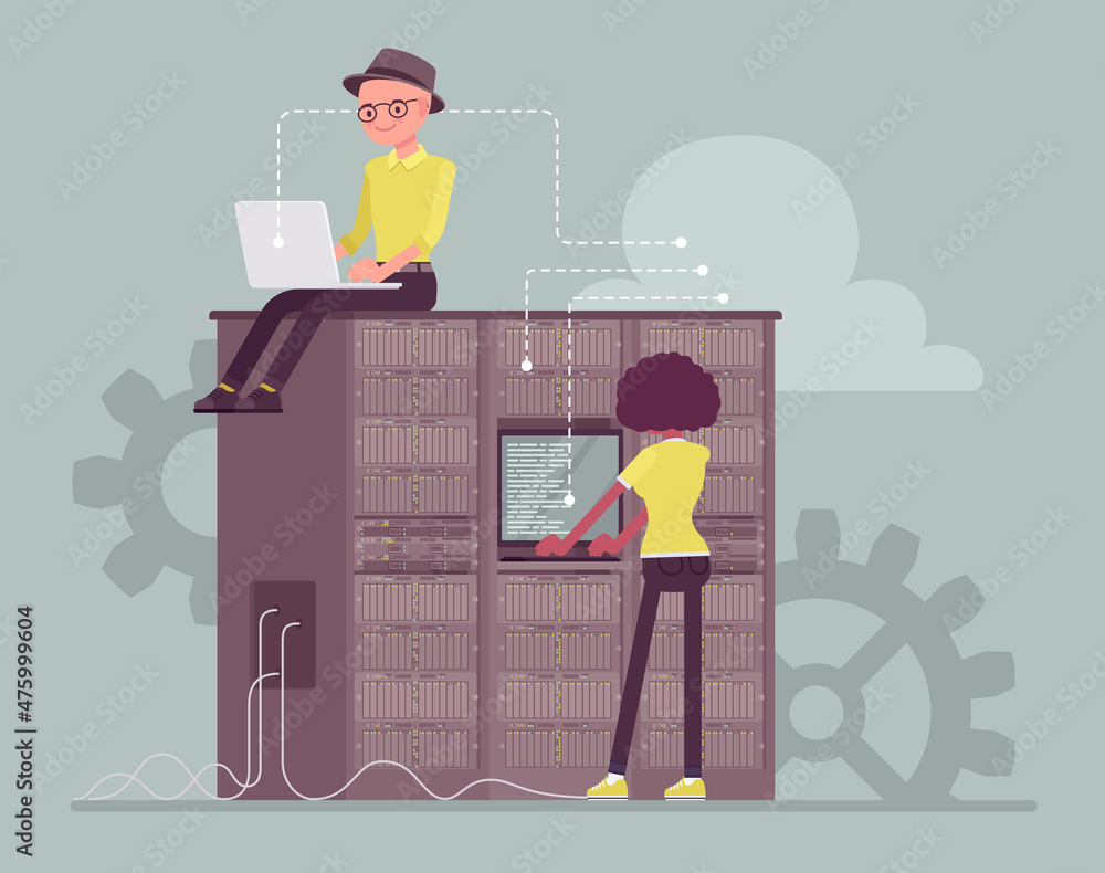 Data center server cloud support crew, system administrators working ...