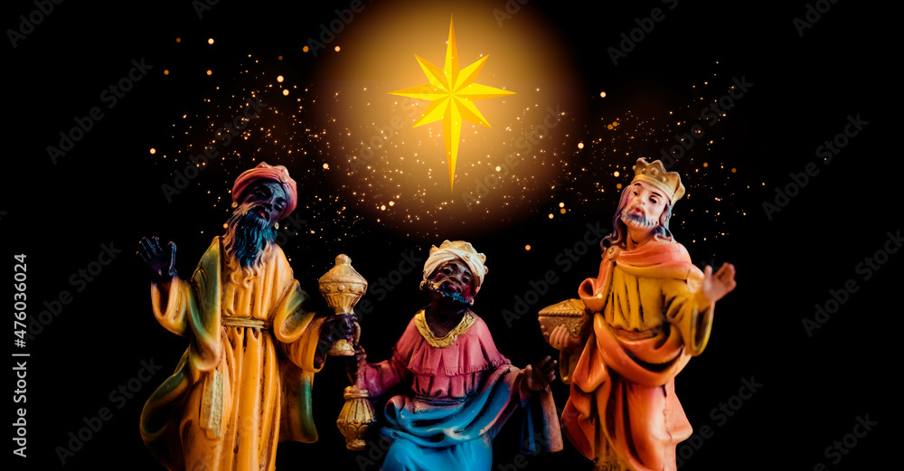 Christmas nativity scene of Three wise men follow the Star for worship ...