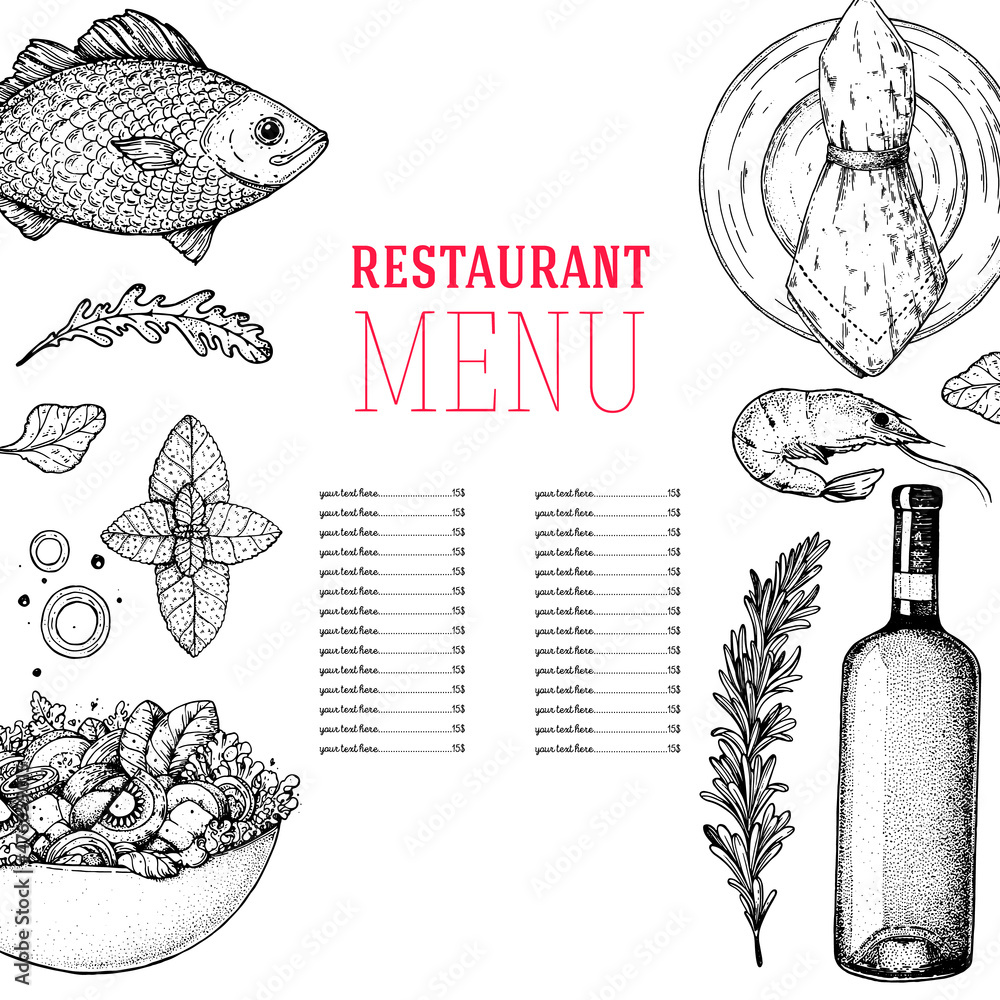Restaurant menu. Food top view. Sketch illustration. Food menu design ...
