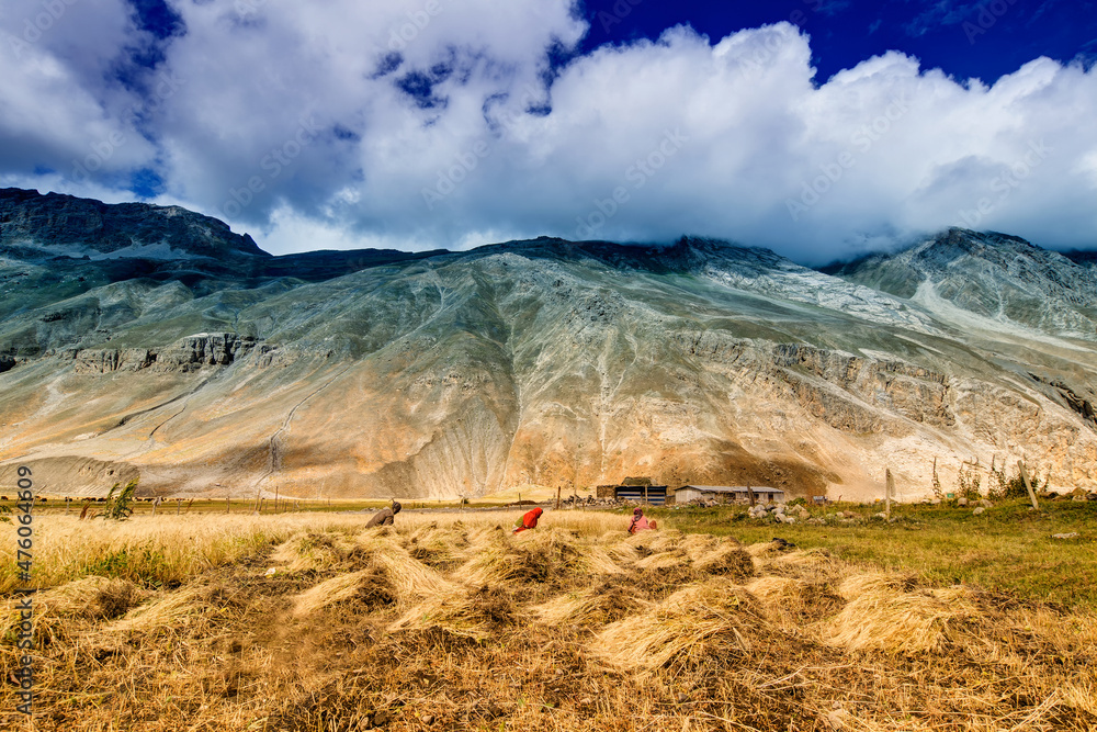 Sceneic view of Drass village with blue cloudy sky background , Kargil ...