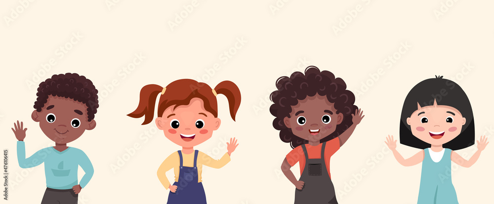 Happy cartoon children portraits set with happy smiling and waving boys ...