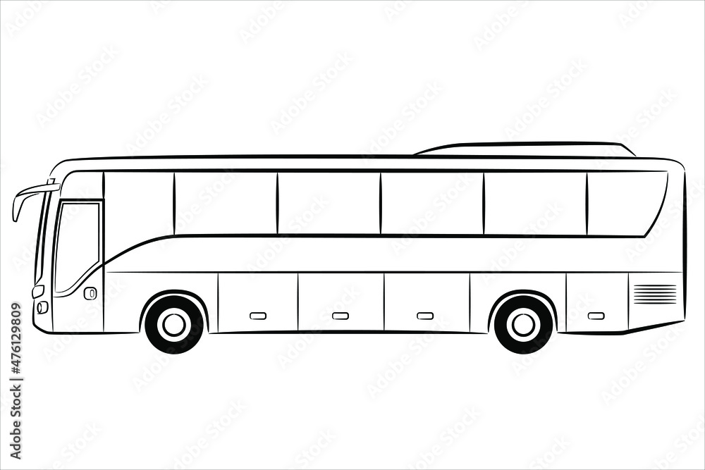 A hand drawn line of a passenger bus. Outline Vector coach bus, side ...