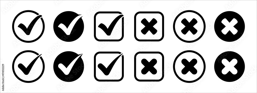 Check mark and cross box icon set. Correct and in correct symbol. Yes ...