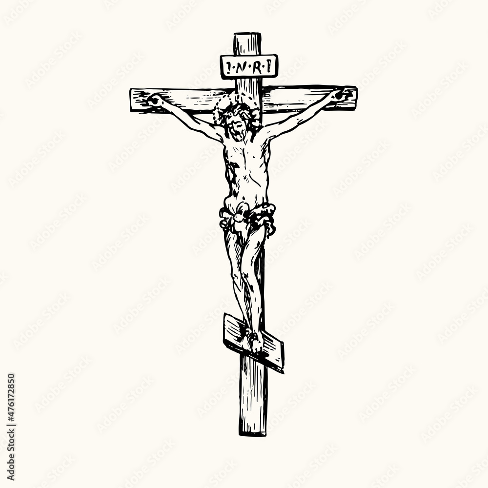 Jesus Christ crucified. Ink black and white doodle drawing in woodcut ...