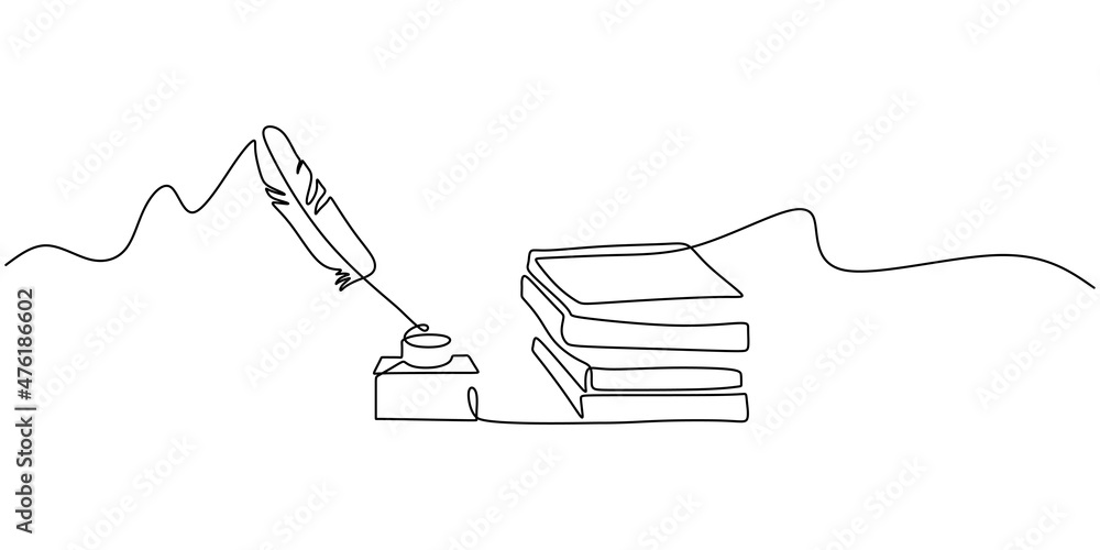 Continuous one single line of pen and book isolated on white background ...