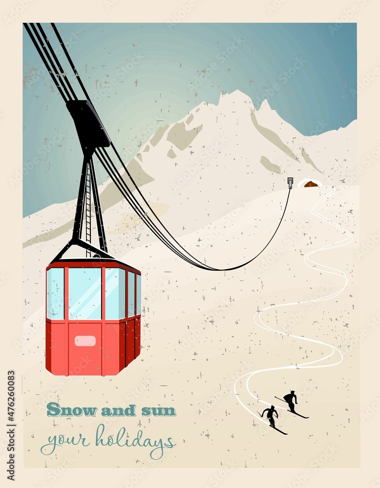 Winter landscape with ropeway station and ski cable cars. Snowy country ...