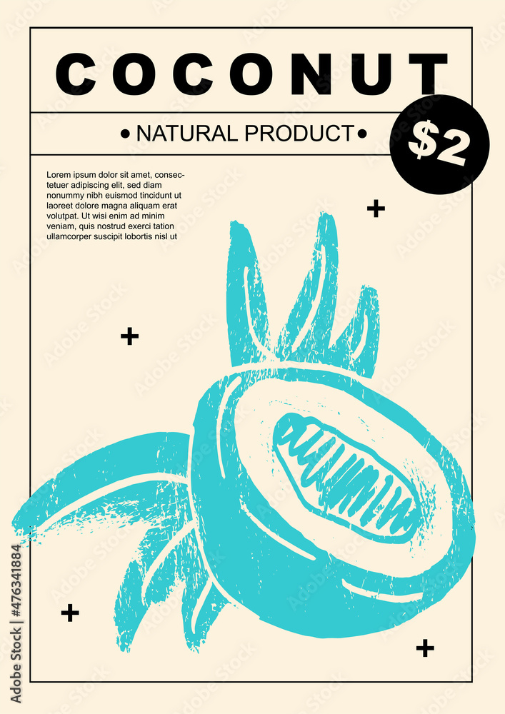 Coconut. Set of posters of fruits and vegetables in a abstract draw ...