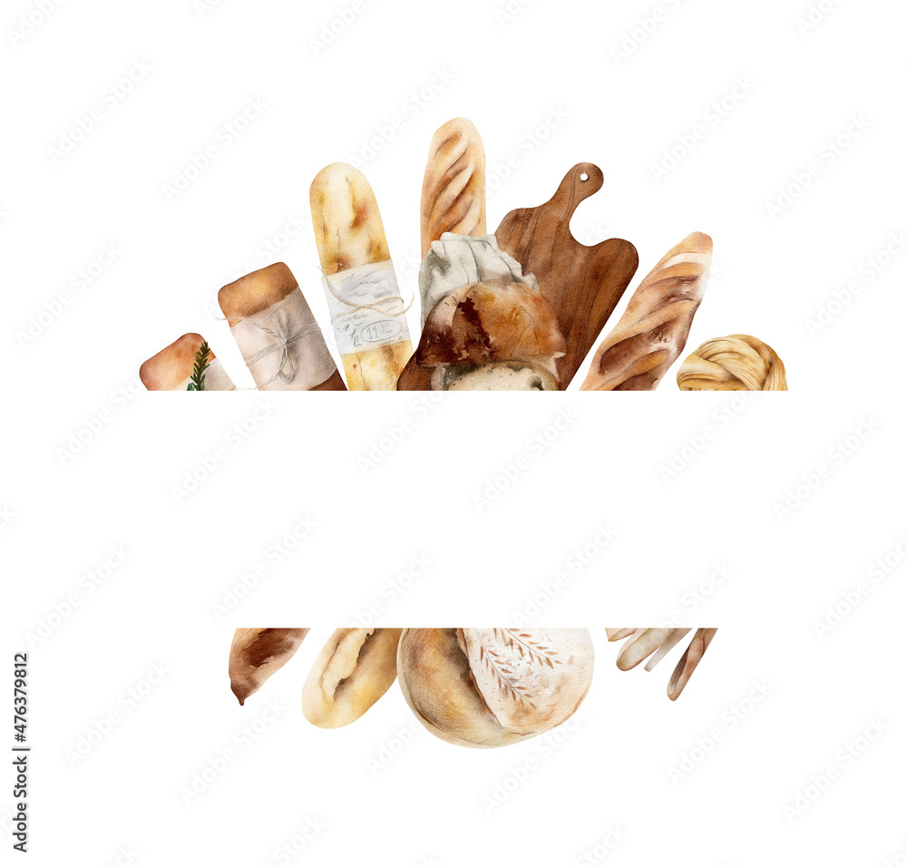 Watercolor bread frame. Hand-drawn baking border template for cards ...