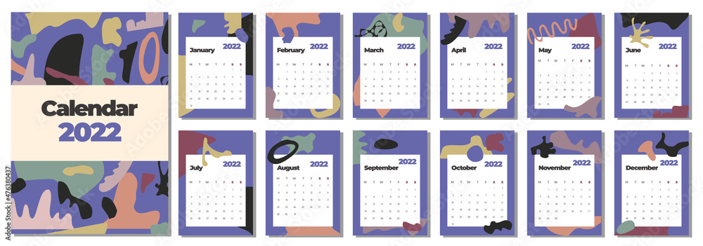 Monthly calendar with abstract shapes. Very pery blue color of the year ...