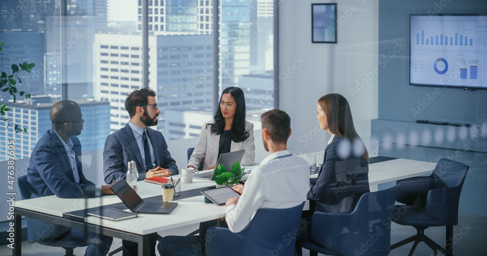 Modern Multi-Ethnic Office Conference Room Meeting: Diverse Team of ...