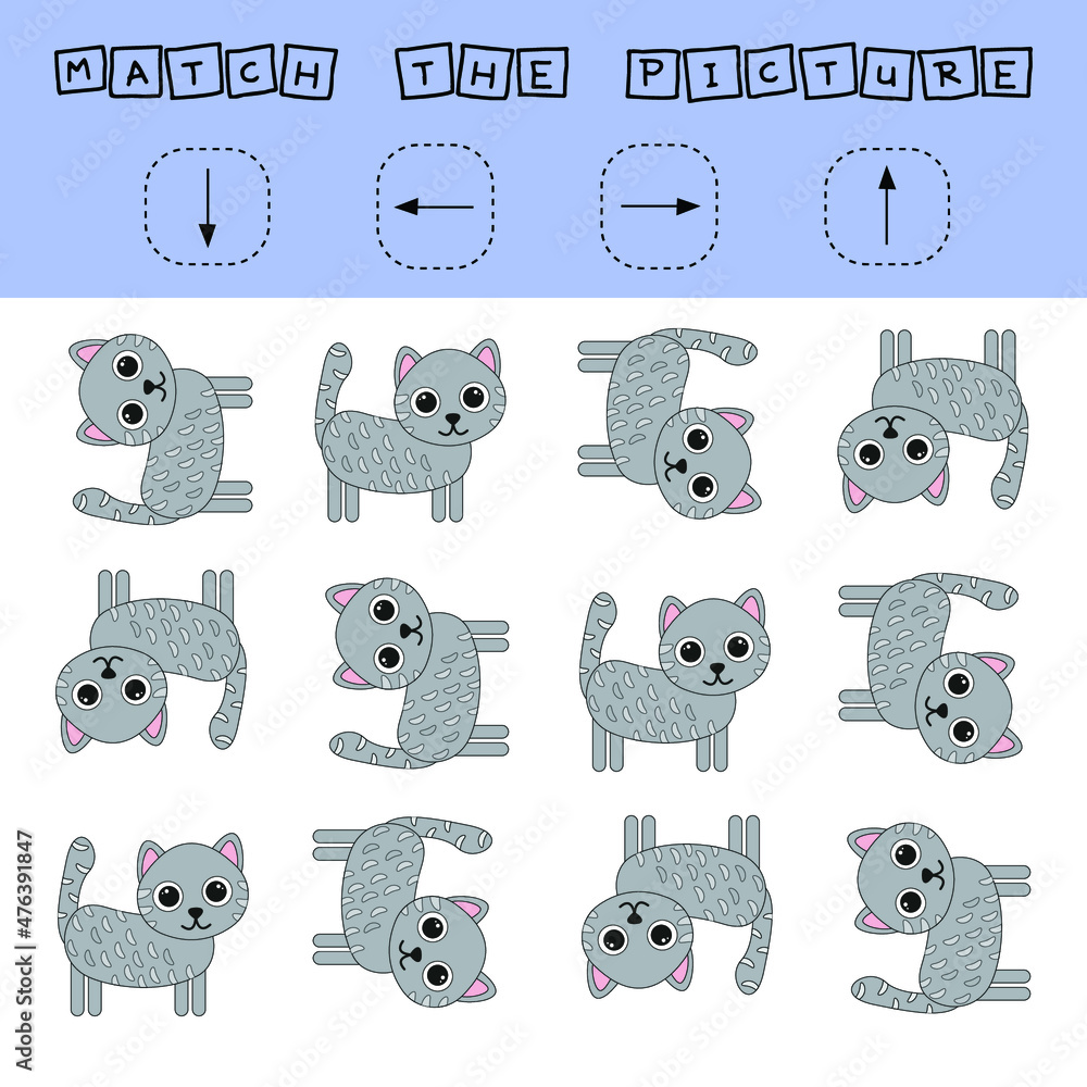 Match the pictures of pets cats and directions up, down, left and right ...