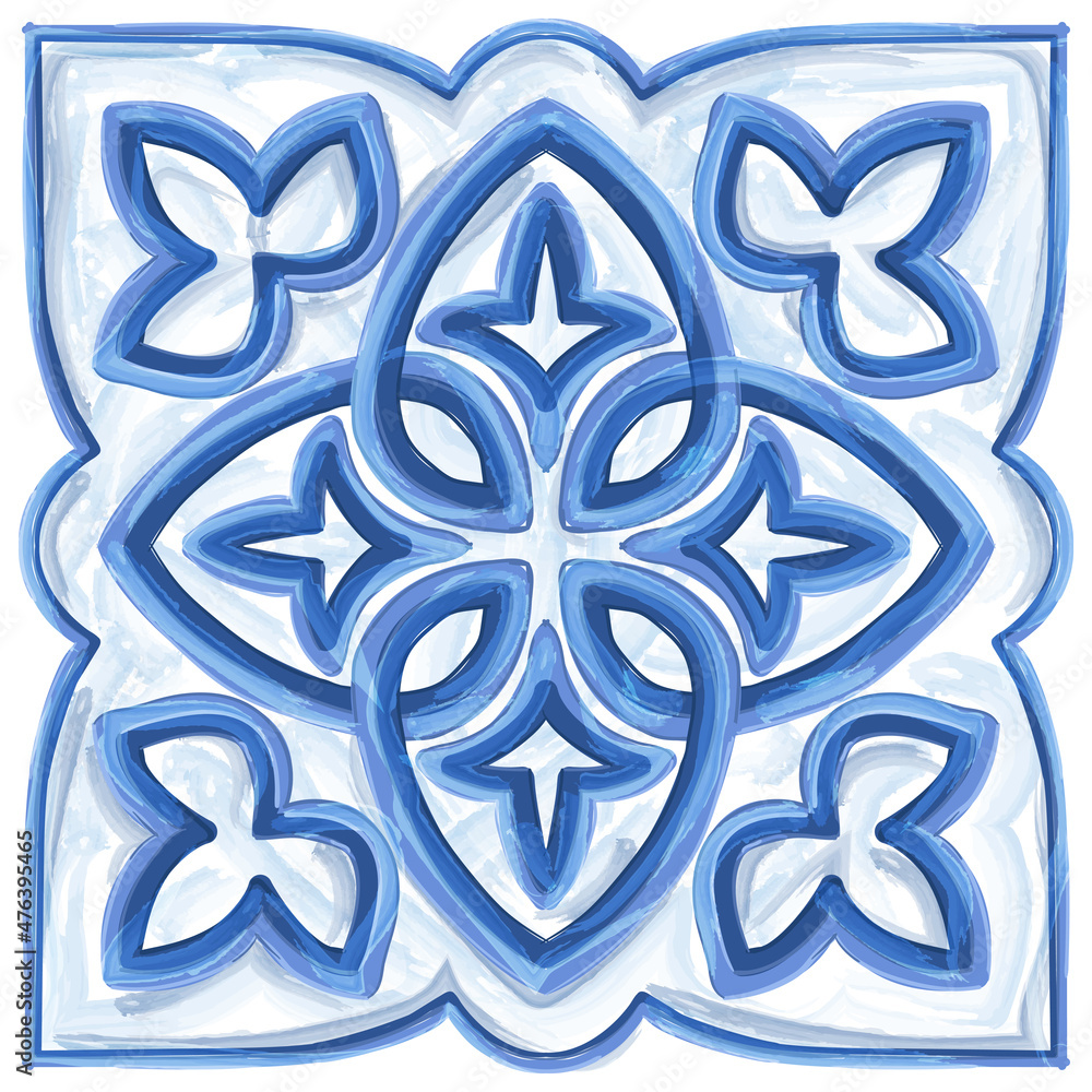Azulejos - Portuguese tiles blue watercolor pattern. Traditional tribal ...
