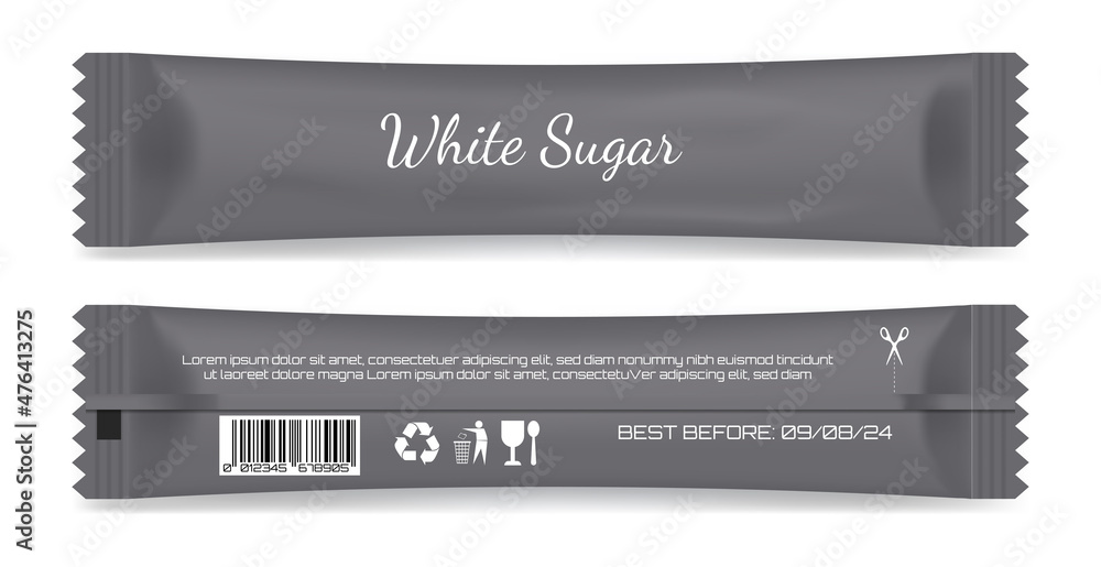 Realistic white sugar sachet, white sugar in paper kraft packaging ...