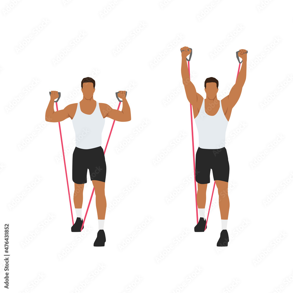 Man doing Resistance band standing shoulder press. overhead press ...