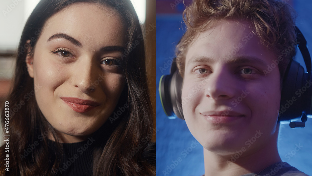 Man and woman phone video call, smiling and waving to each other ...