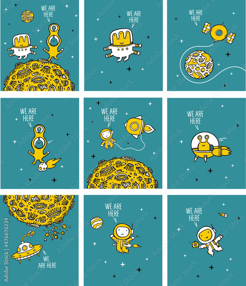 Set of cartoon vector drawing doodle illustration of alien monsters ...